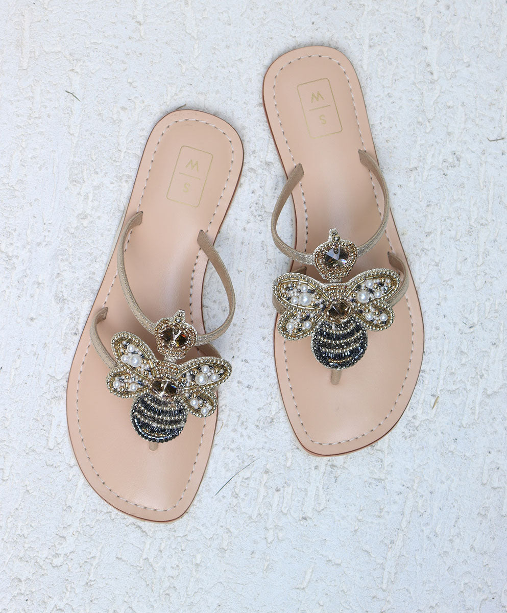 Queen Bee Gold, Gunmetal & Pearl Beaded Sandals